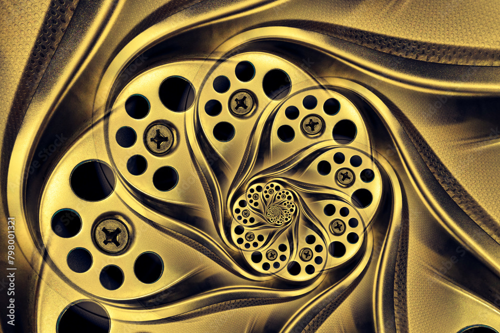 Repeating rotated mechanical mechanism in yellow gold coloured design ...