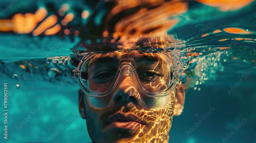 A young person is partially submerged underwater, with only their face ...