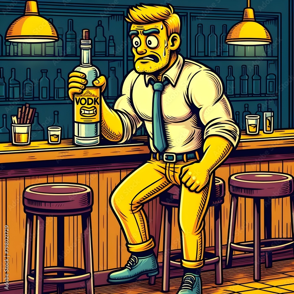 A vector style detailed drawing of a yellow-skinned cartoon man ...