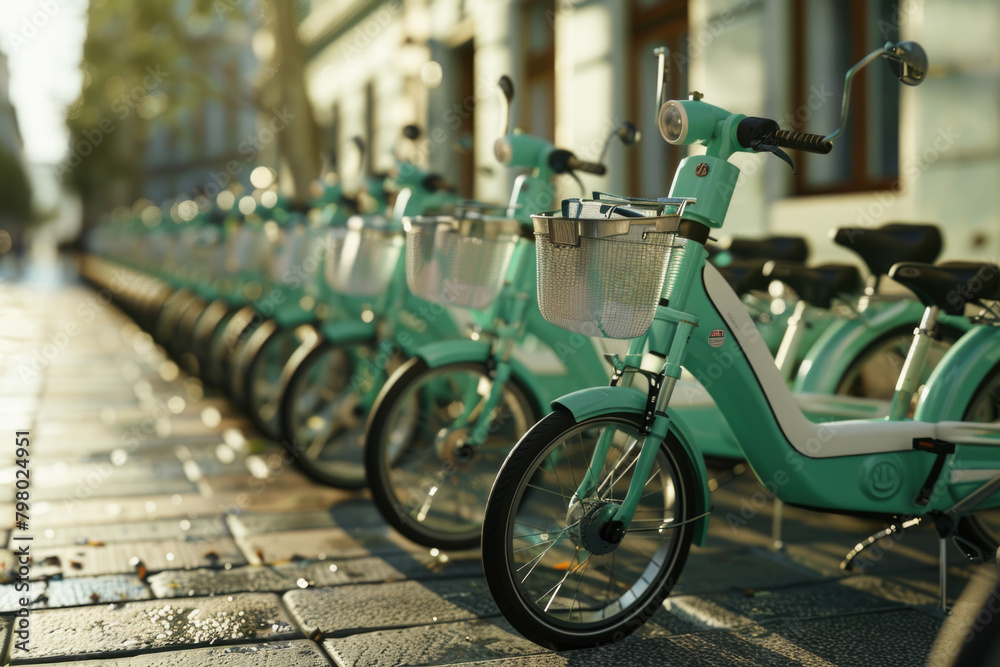 Green and white rentable electric bikes are lined up, illustrating ...