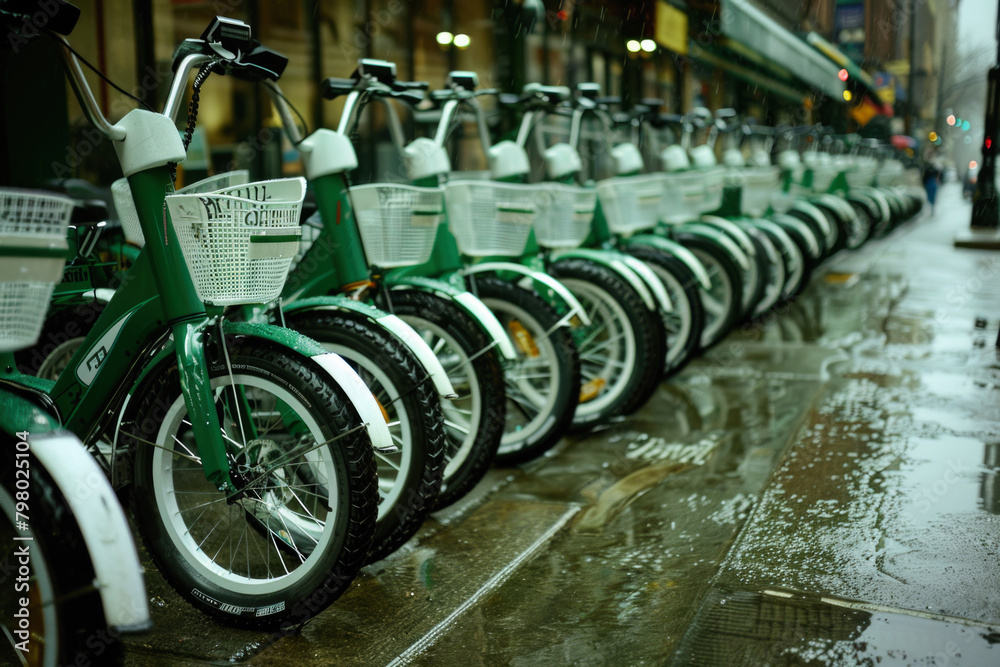Green and white rentable electric bikes are lined up, illustrating ...