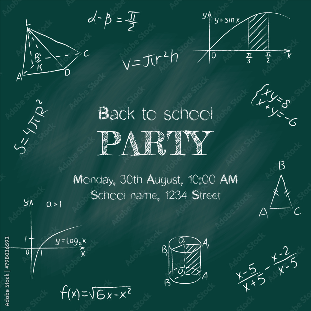 Back to school party banner. Chalk doodle math blackboard. Round design ...