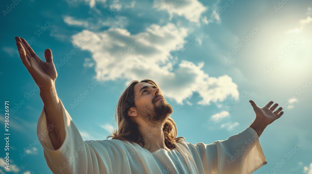 Jesus Christ with open arms reaching out in the sky, hand gestures of ...