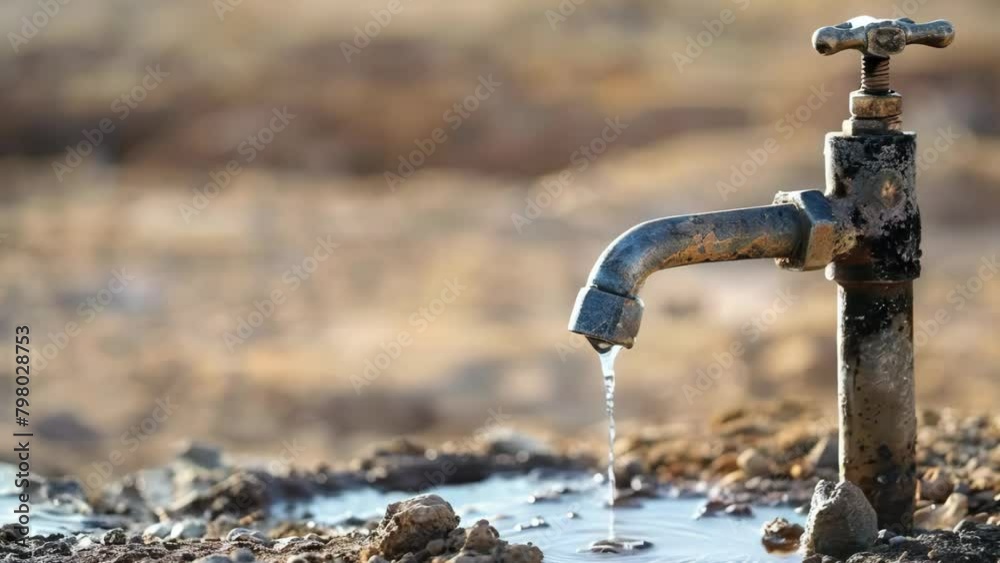 Rustic tap dripping water in a parched environment, illustrating water ...