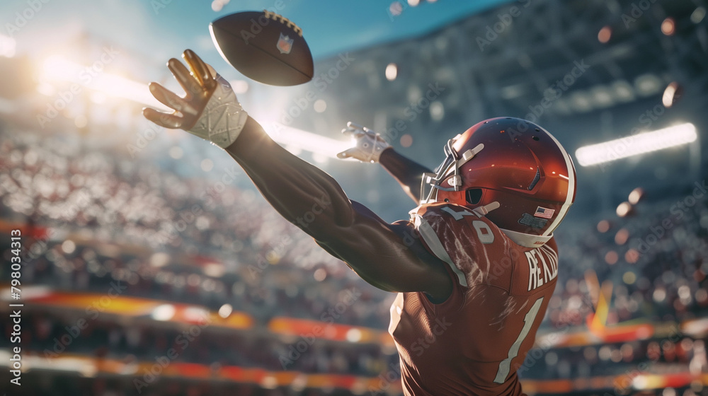 An American football wide receiver is leaping to catch a football mid ...