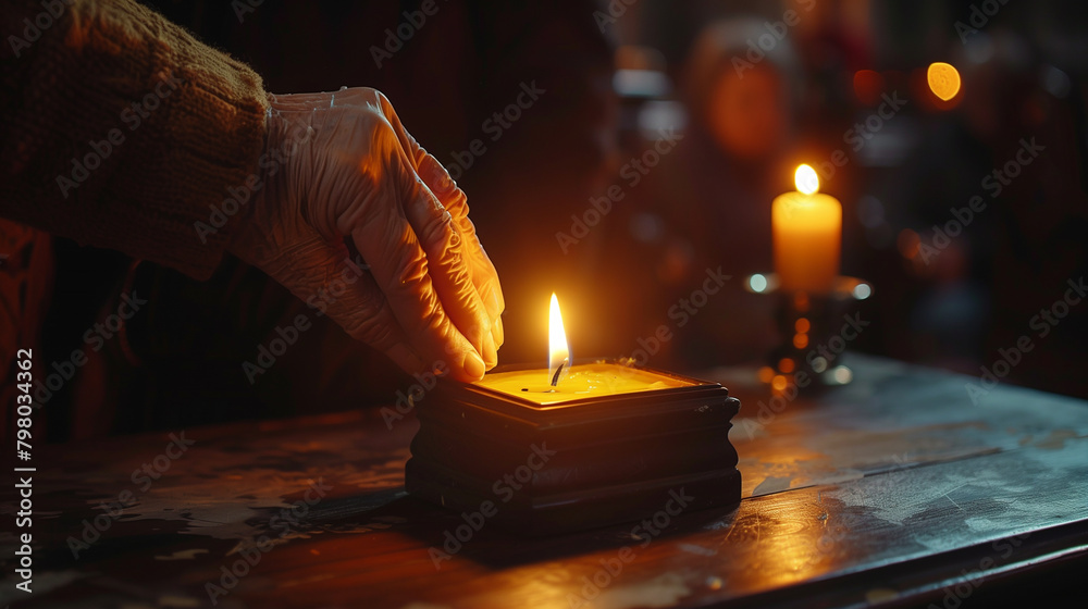 Solemn Open Casket Viewing with Flickering Candle Casting Shadows on ...