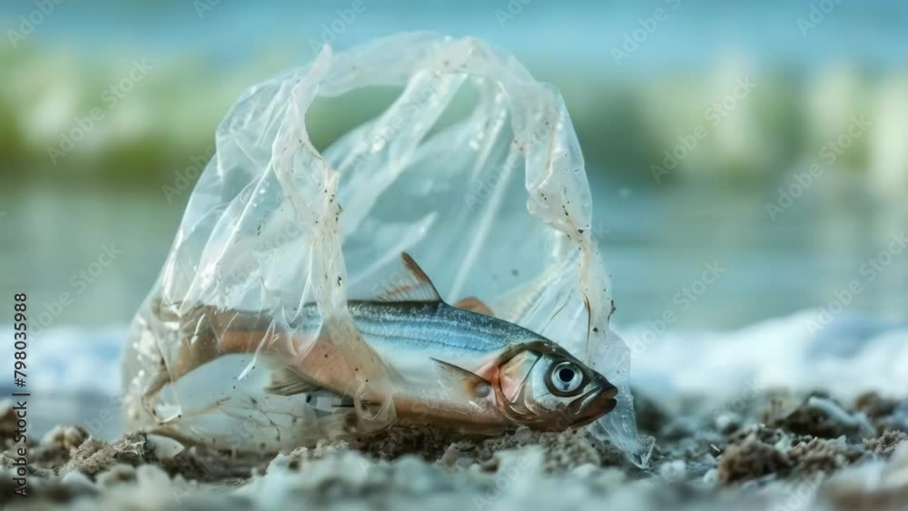 Fish entangled in plastic on sandy shore, a compelling image of the ...