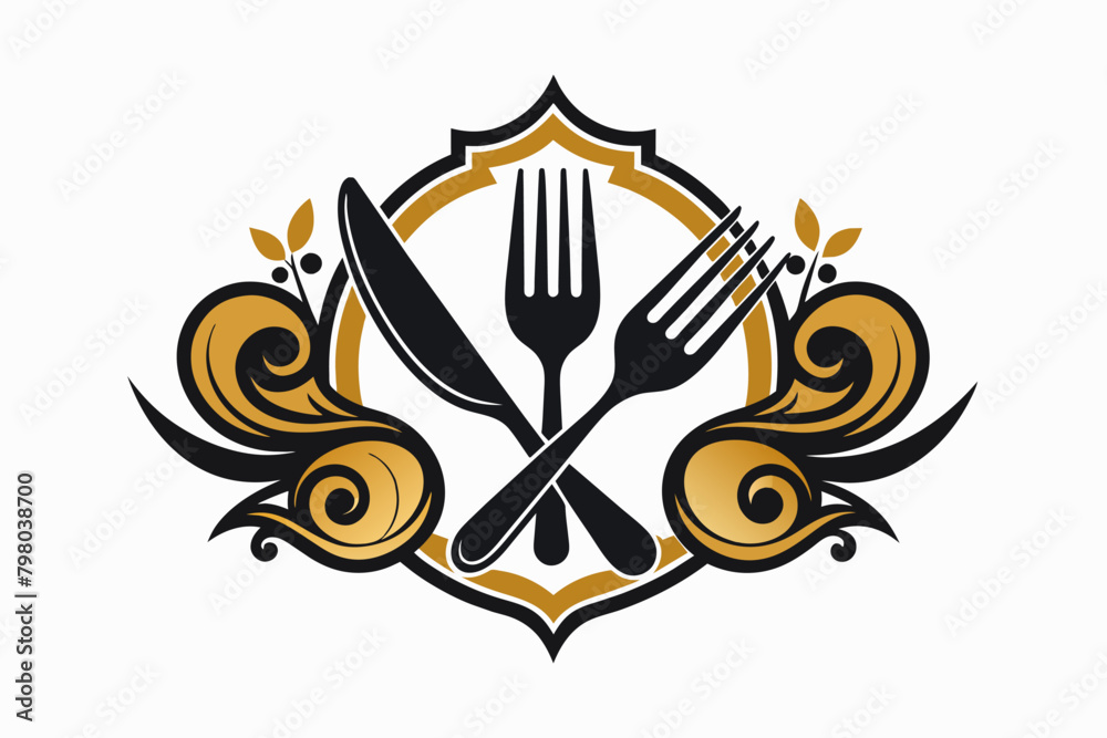 A black and gold restaurant logo featuring a knife, fork, and spoon ...