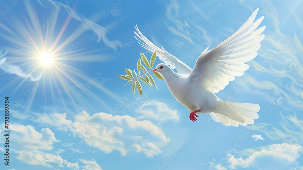 White Dove or pigeon of peace with olive branch in beak, on blue sky ...
