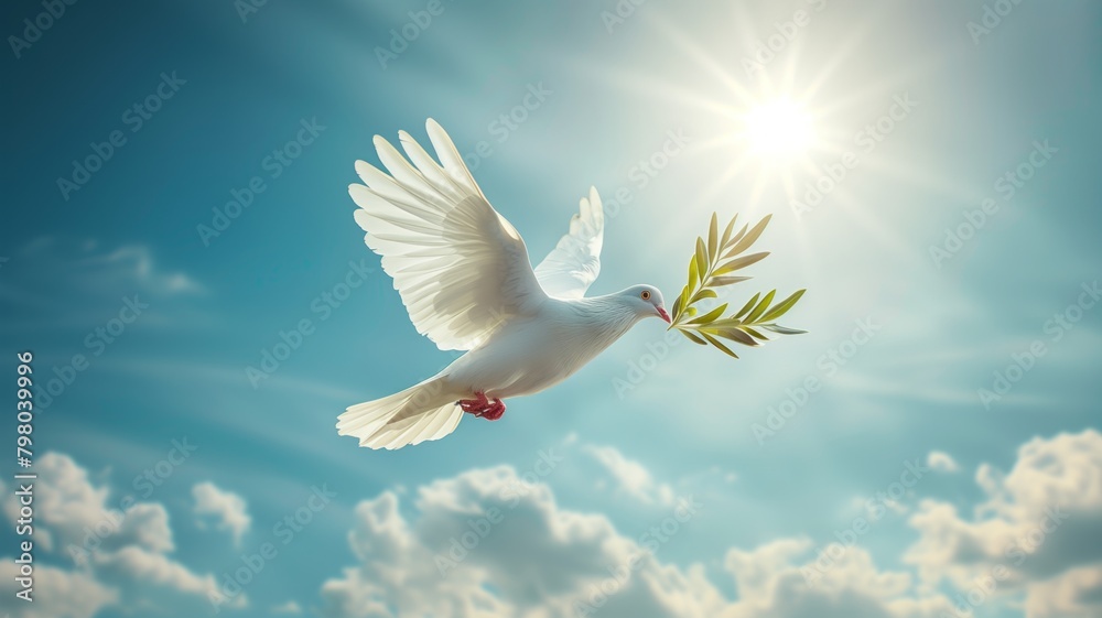 White Dove or pigeon of peace with olive branch in beak, on blue sky ...
