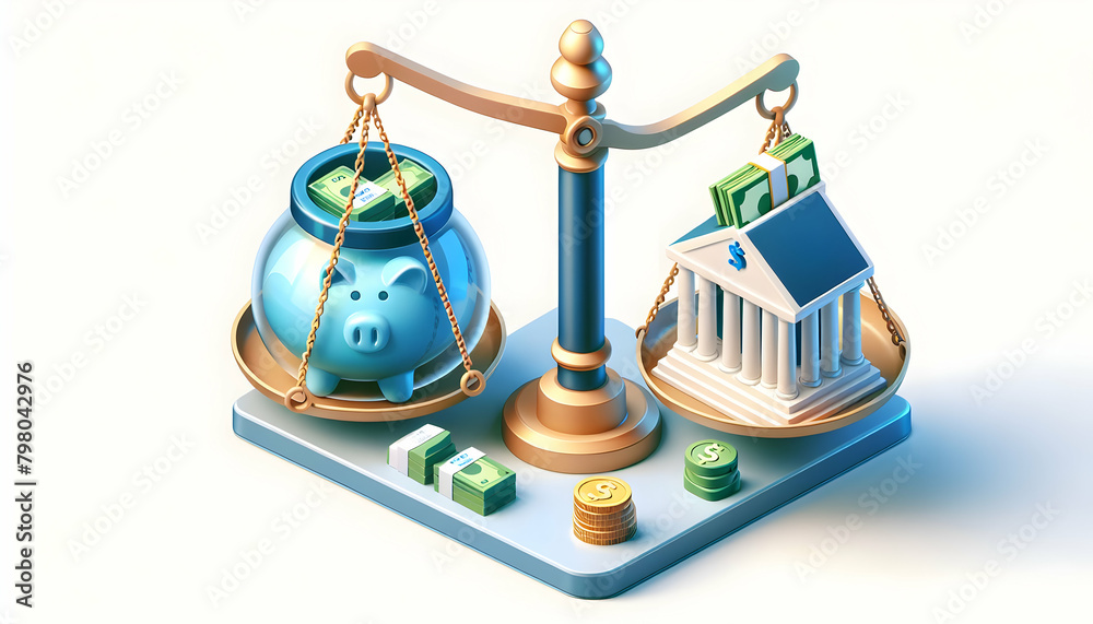 Cartoon 3D Savings Scale-Up Concept: Scales, Savings Jar, and Bank in ...