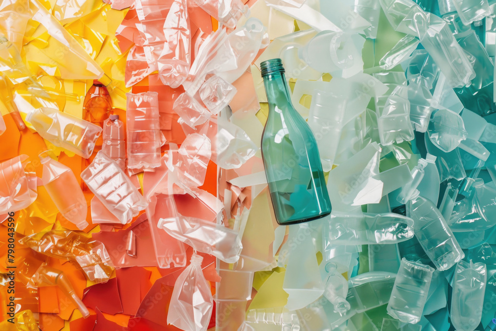 Top-down shot of a multi-colored split background with used disposable ...