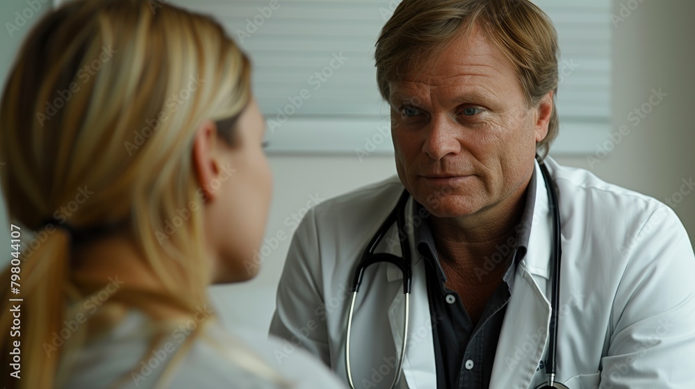 View from behind the doctor speaking with a patient, illustrating the ...