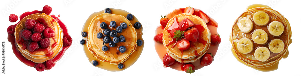 Poster Collection of pancake stack, top view flat lay, banana ...