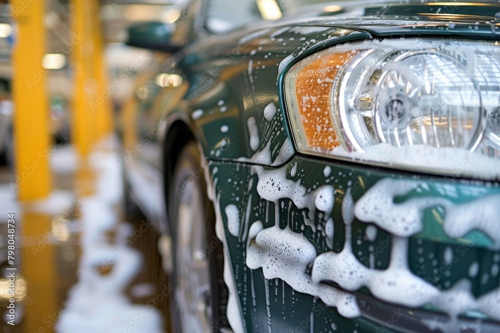 Professional green car wash with shampoo foam and water splashes, auto ...