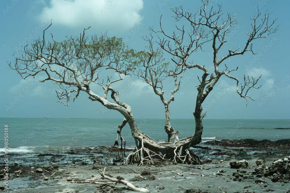 Dead mangrove trees due to increased soil and seawater pollution in a ...