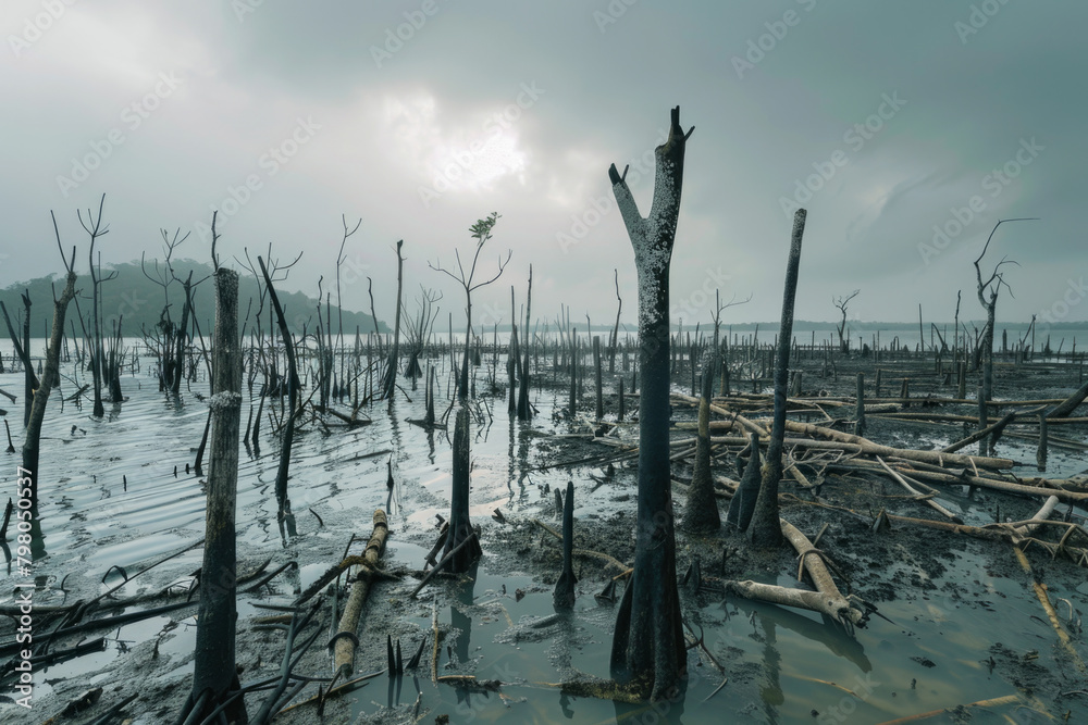 Dead mangrove trees due to increased soil and seawater pollution in a ...