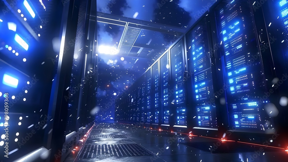 3D render of server racks in a secure network data center. Concept Data Center Security, Server ...