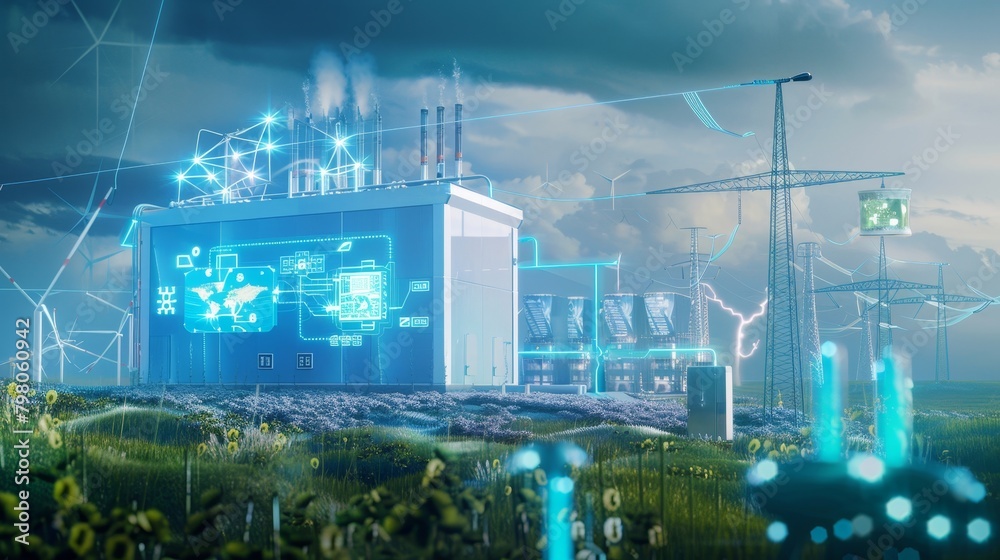 An energy-efficient power transformer with green technology symbols and ...