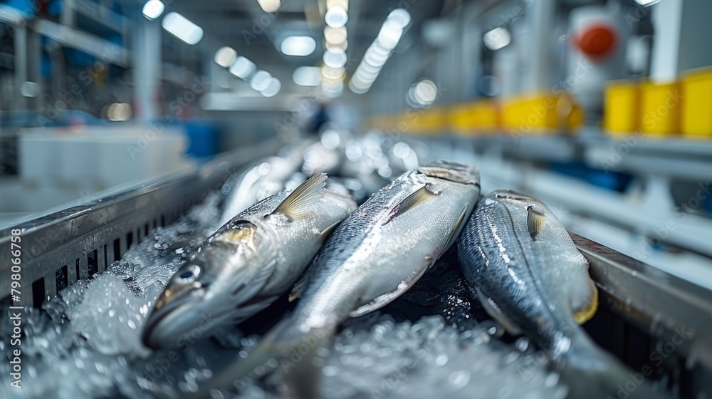 Foto de Freshly caught fish being transported on a conveyor belt in a ...
