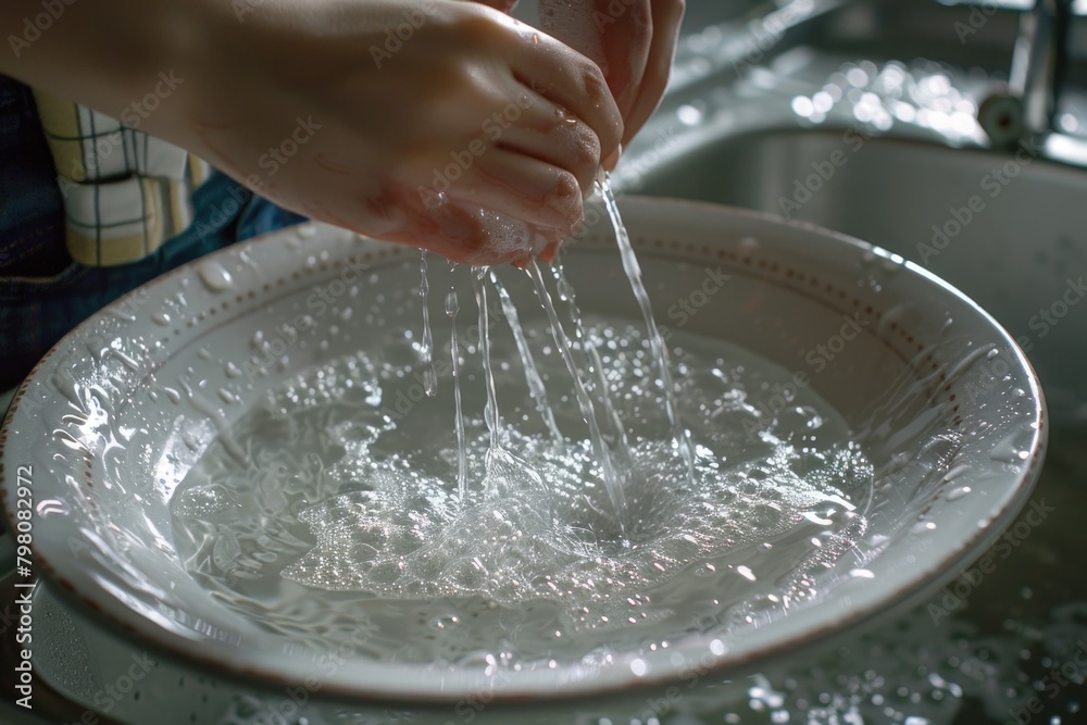 Person washing hands in a bowl of water, suitable for hygiene concepts ...