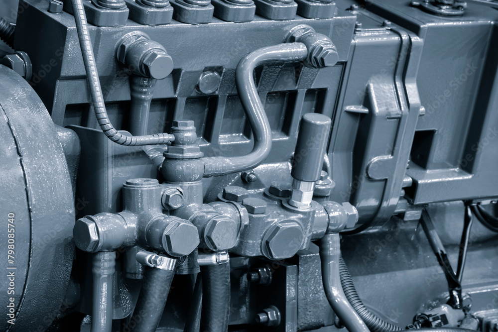 diesel engine. Fragment of a diesel motor close-up. Engine details ...