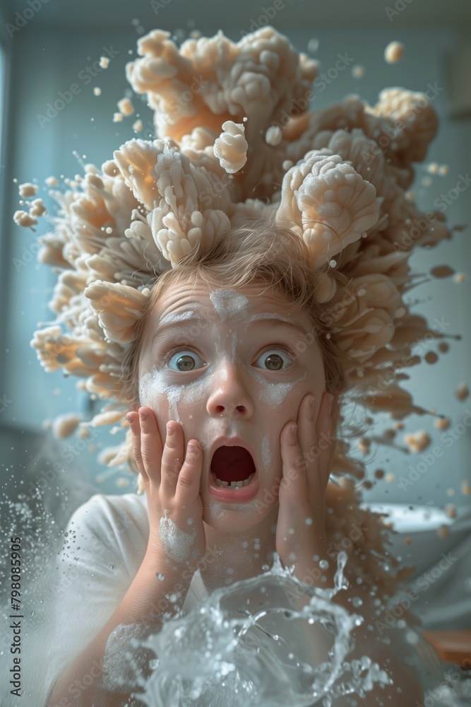 Funny shocked little kid with smoke cloud of nuclear explosion overhead ...