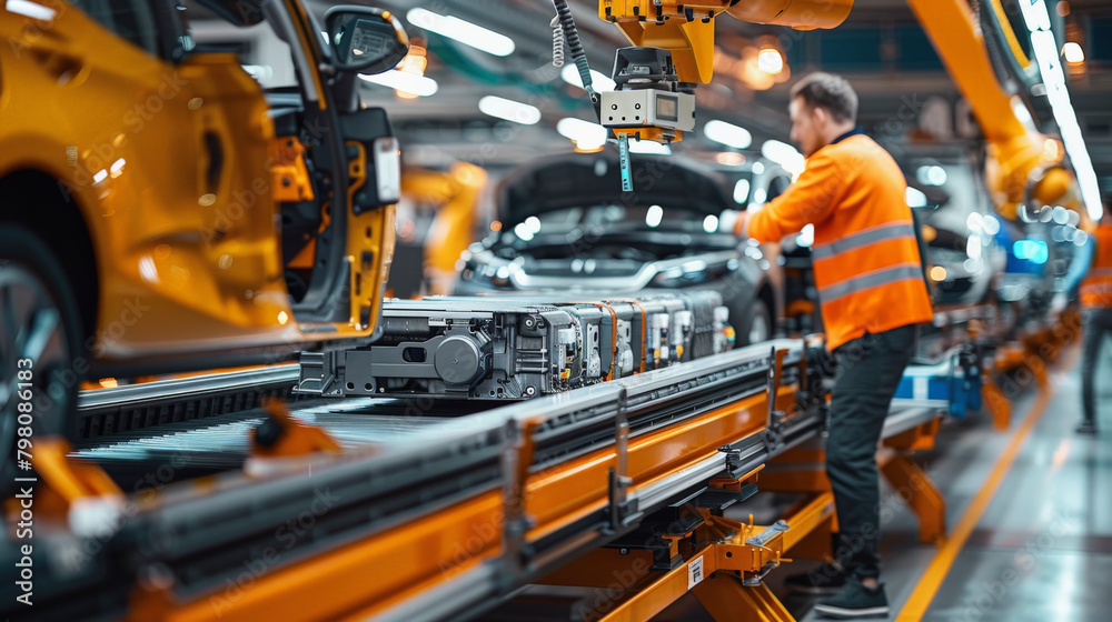 Worker oversees automated car assembly line in a modern vehicle ...