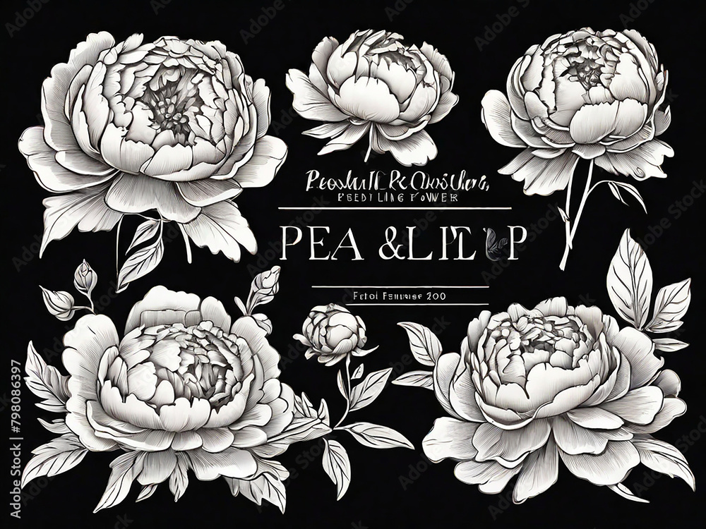 Peony Flower Line Art Floral Frames and Bouquets Line Art Fine Line ...