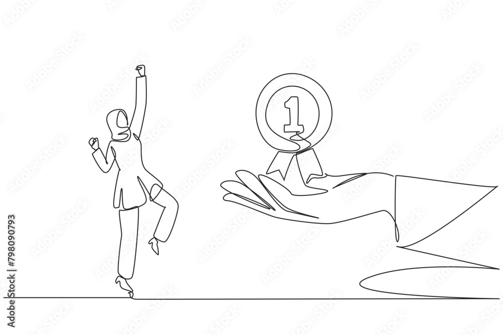 Continuous one line drawing Arabian businesswoman was happy to get ...