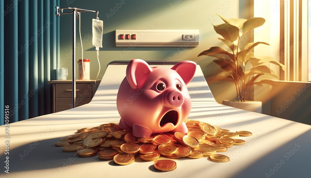 A pig is sitting on a pile of gold coins. The pig is looking sad and ...
