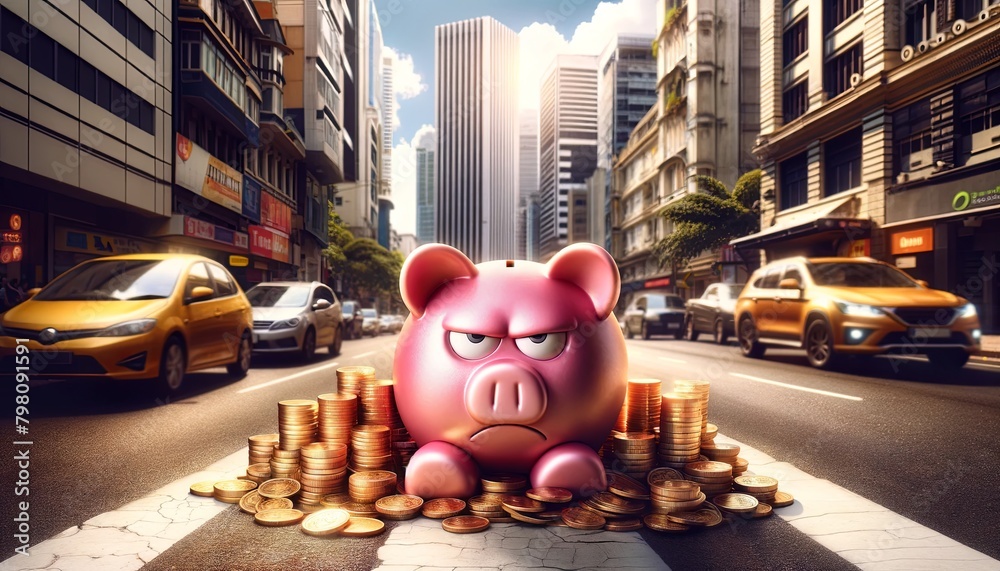 A cartoon pig is sitting on a pile of money on a street. The pig is ...