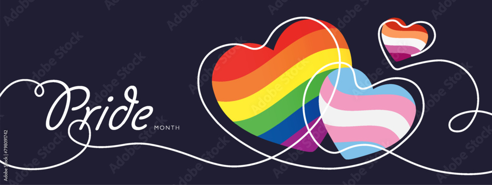 Pride Month banner with rainbow, lesbian, transgender flag hearts and ...