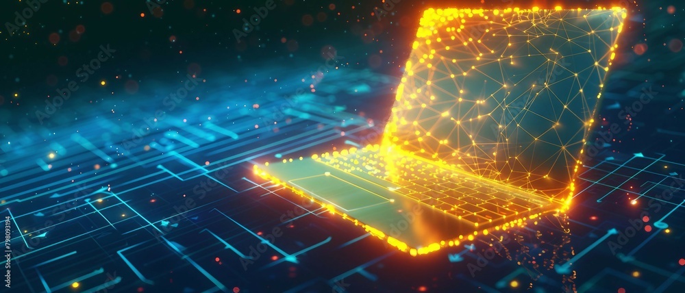 technology in electronics, digital yellow low poly laptop with glowing ...