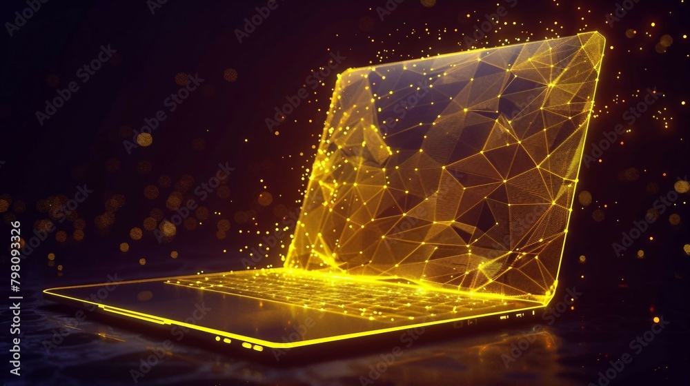 technology in electronics, digital yellow low poly laptop with glowing ...