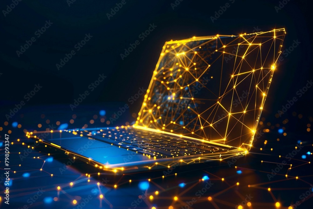 technology in electronics, digital yellow low poly laptop with glowing ...
