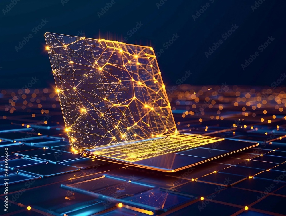 technology in electronics, digital yellow low poly laptop with glowing ...