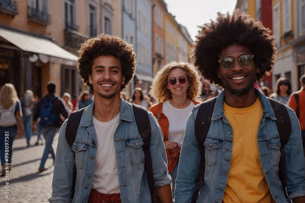 Multiracial, diverse students walking at city street, young peolpe ...