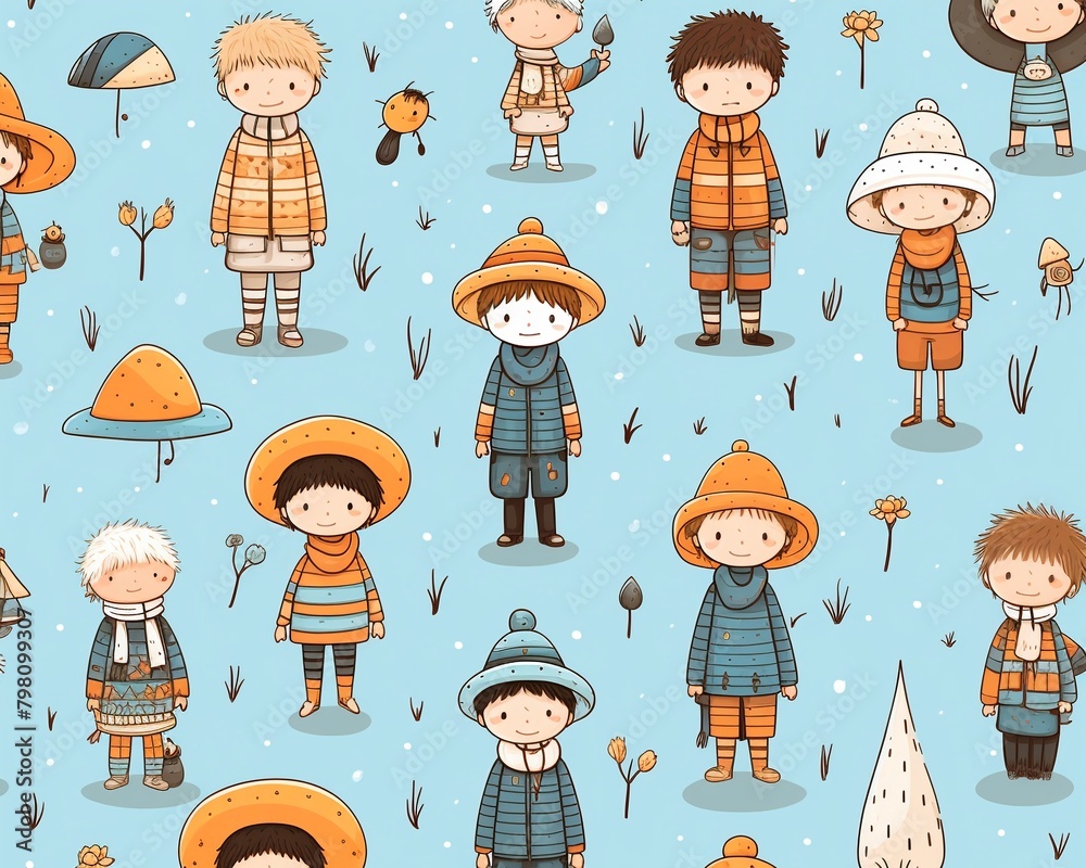 Repeating pattern of kids in various roles, oneline style, for thematic ...