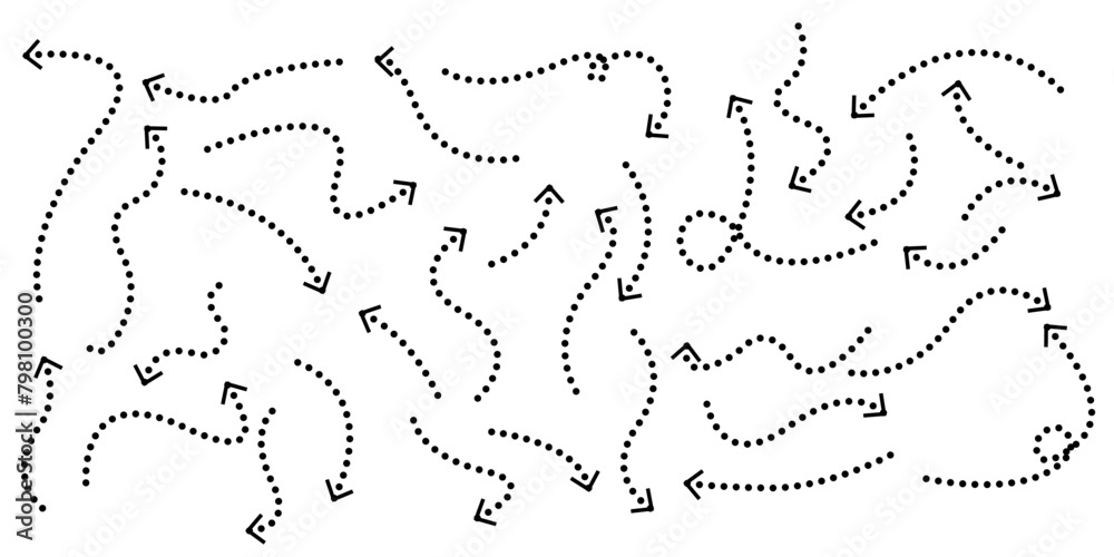 Varous dot style hand drawn black arrows set. Line dotted curve ...