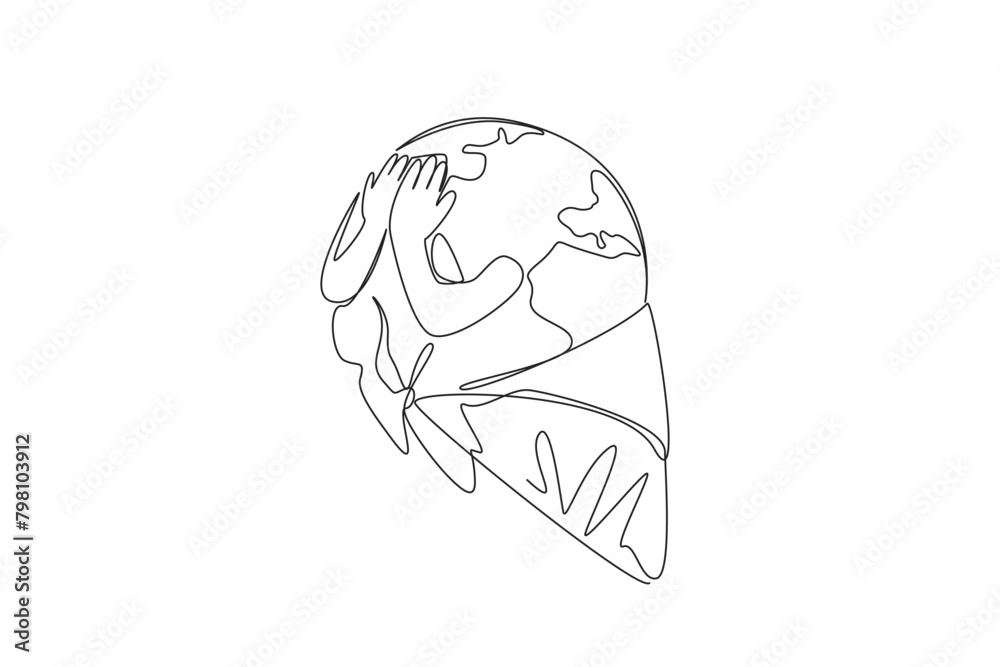 Single one line drawing the globe becomes melting ice cream cone. The ...