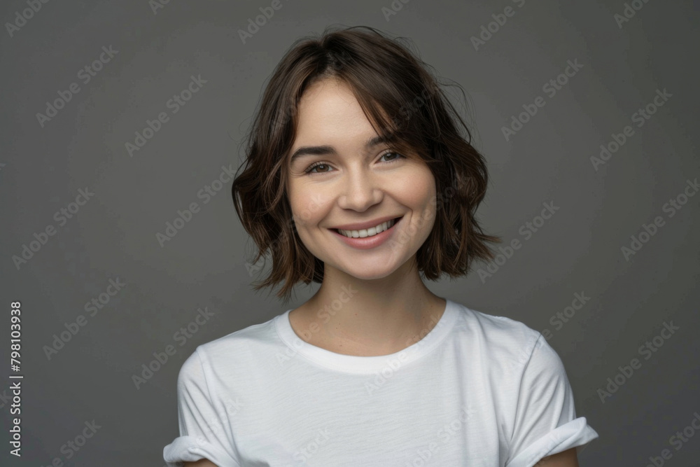 Portrait, beauty and smile of woman in studio isolated on gray ...