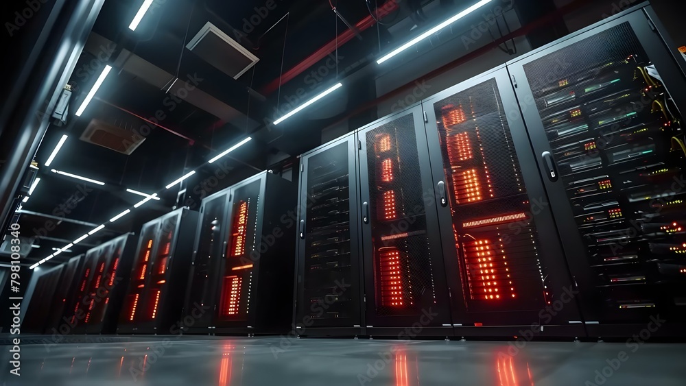 Digital data stored in a data center with rows of server racks. Concept ...