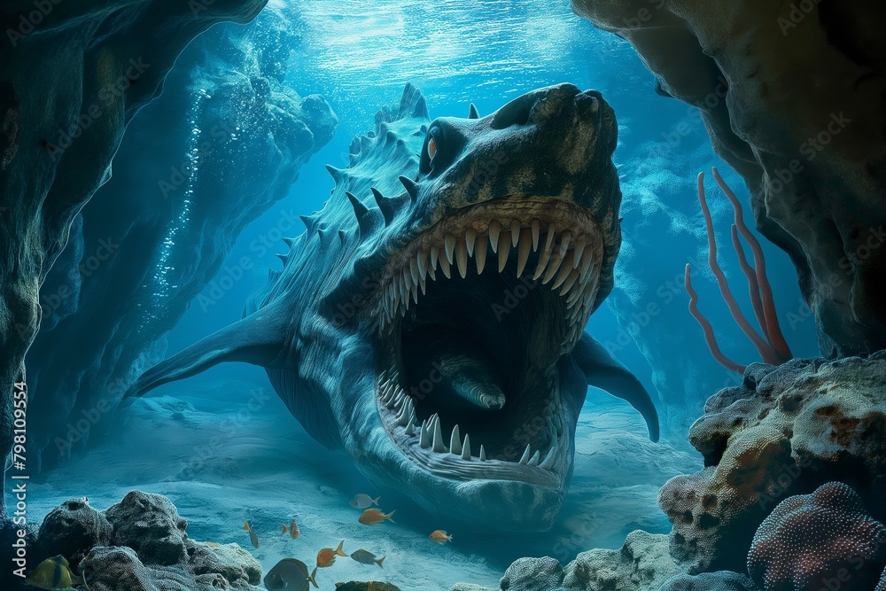 Sea monster open its mouth with teeth inside a deep underwater cave ...