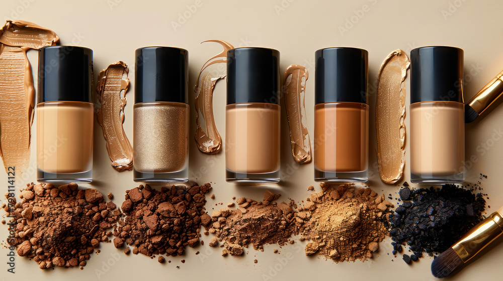 liquid foundation makeup with swatches and brushes on neutral ...