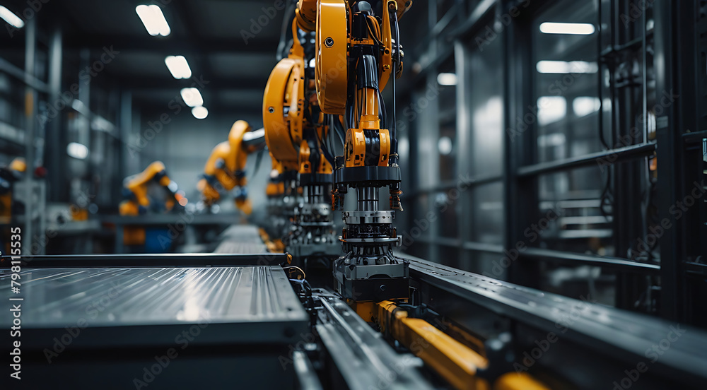 A close-up image showcasing modern factory machinery, including robotic ...