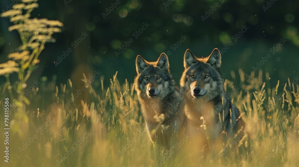 Two wolves - canis lupus concealed in polish meadow: wild scenery of ...