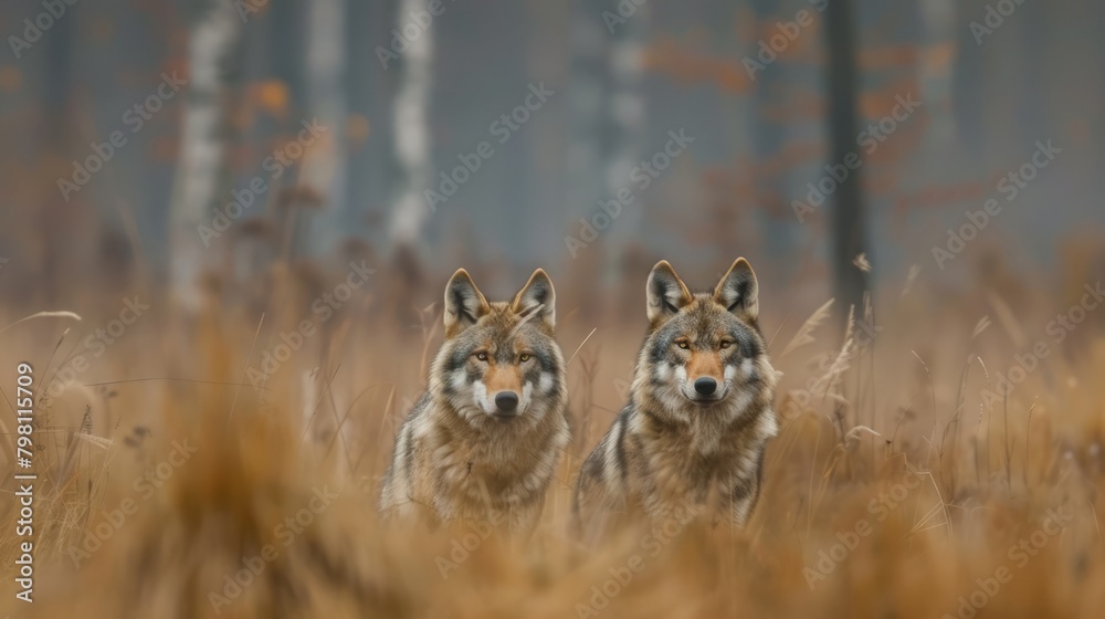 ภาพประกอบสต็อก Two wolves - canis lupus concealed in polish meadow ...