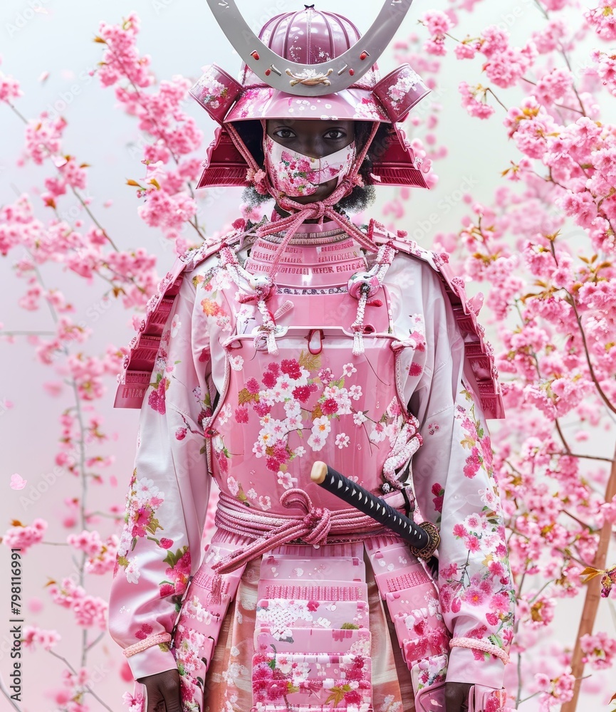 Black female samurai in pink cherry blossom samurai armor Stock ...