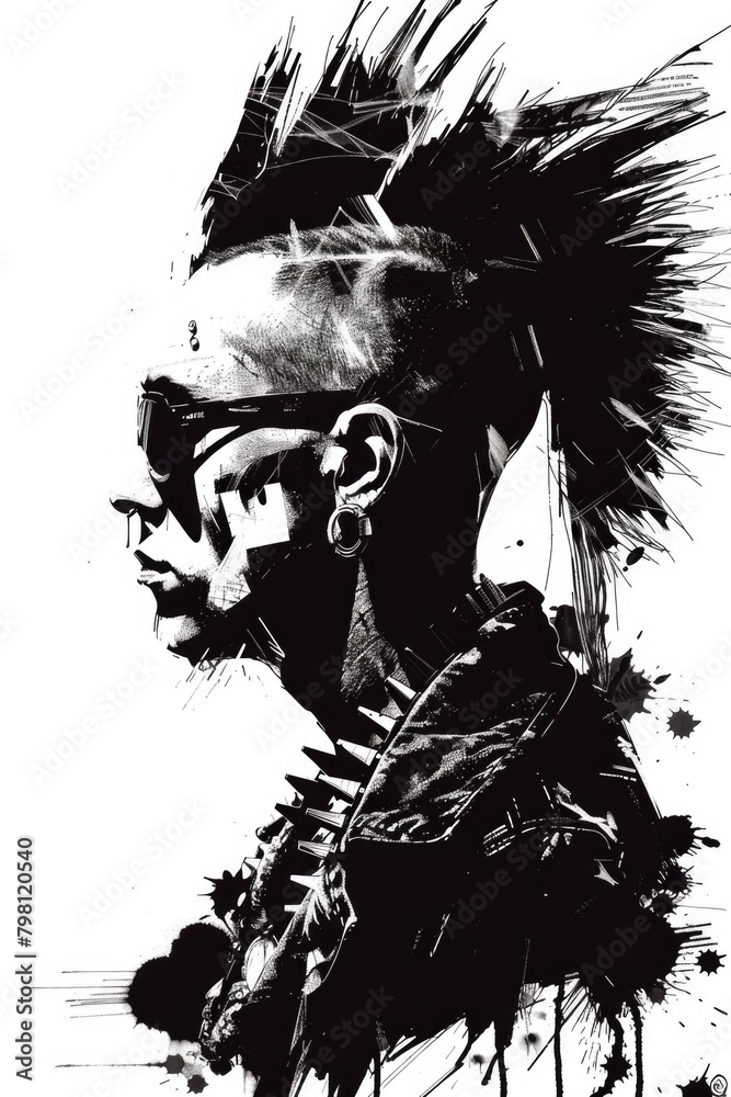 Black and white illustration of a man with a mohawk hairstyle. Suitable ...